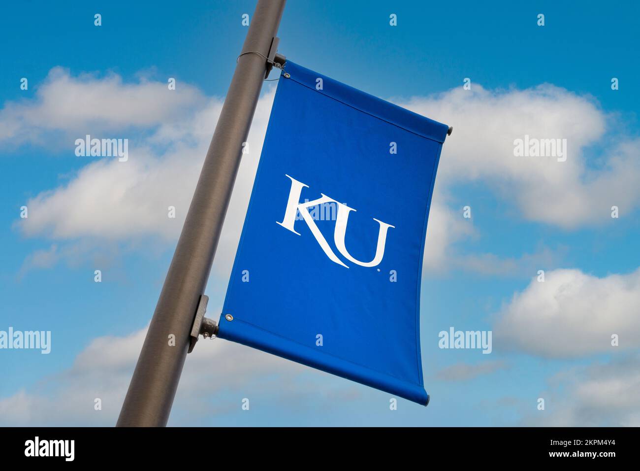 LAWRENCE, KS, USA - NOVEMBER 2, 2022: Student flag and motto on the ...