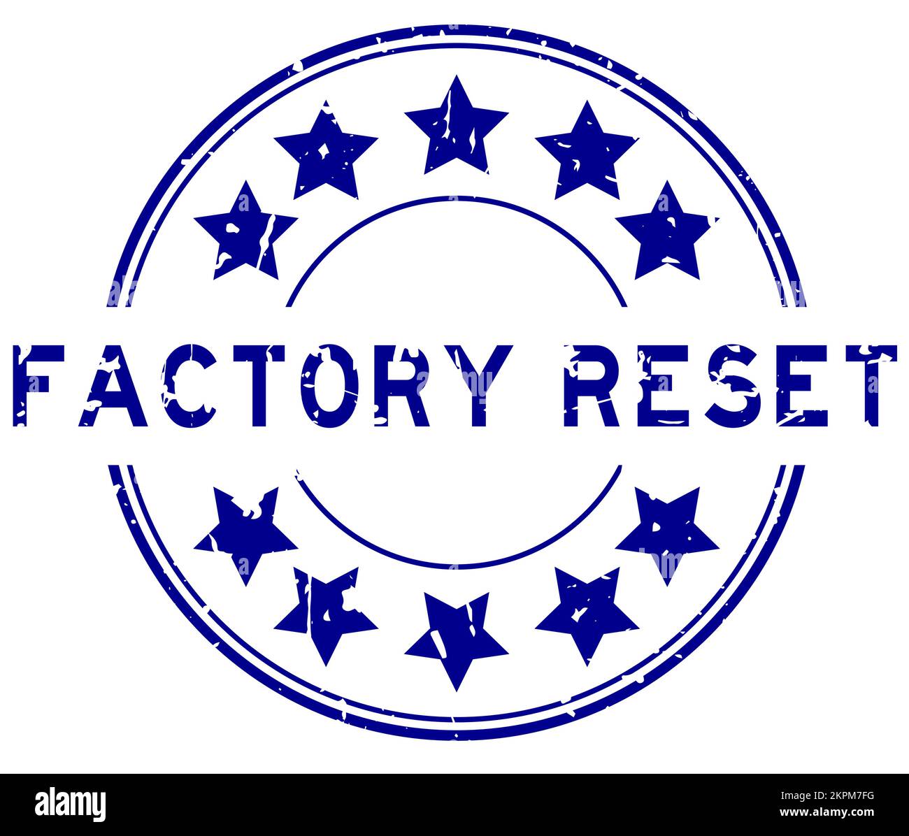 Grunge blue factory reset word with star icon round rubber seal stamp on white background Stock ...