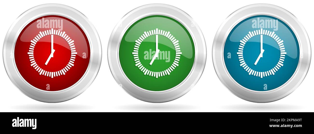 Time, clock, watch vector icon set. Red, blue and green silver metallic ...