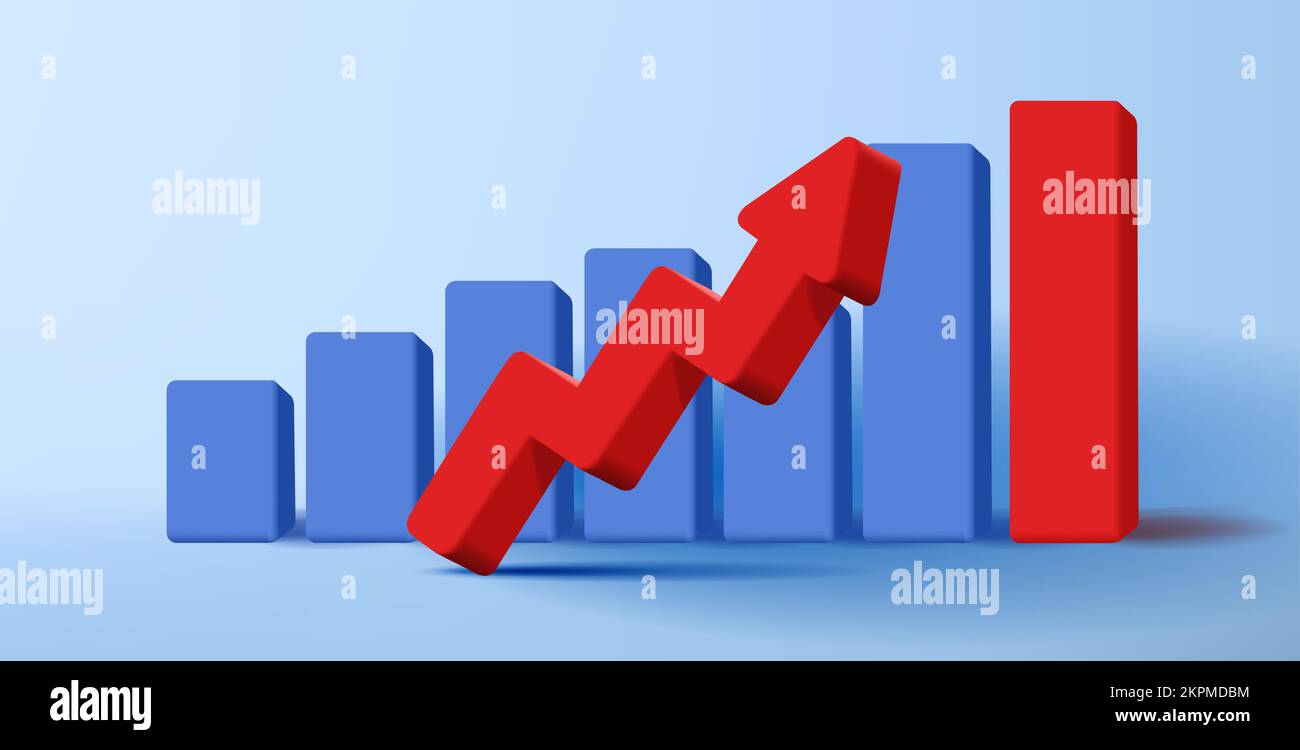 3d composition of bar chart with volume red arrow, business strategy ...