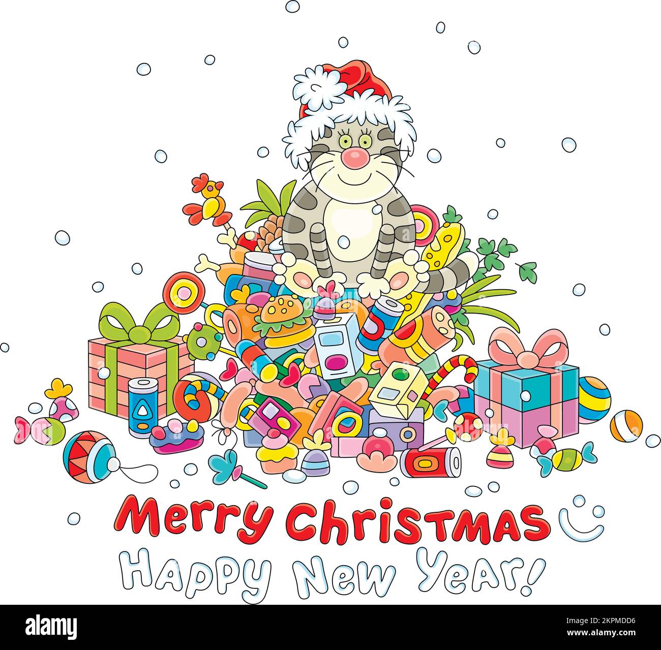 Happy New Year and Merry Christmas card with a funny fat cat in a Santa ...