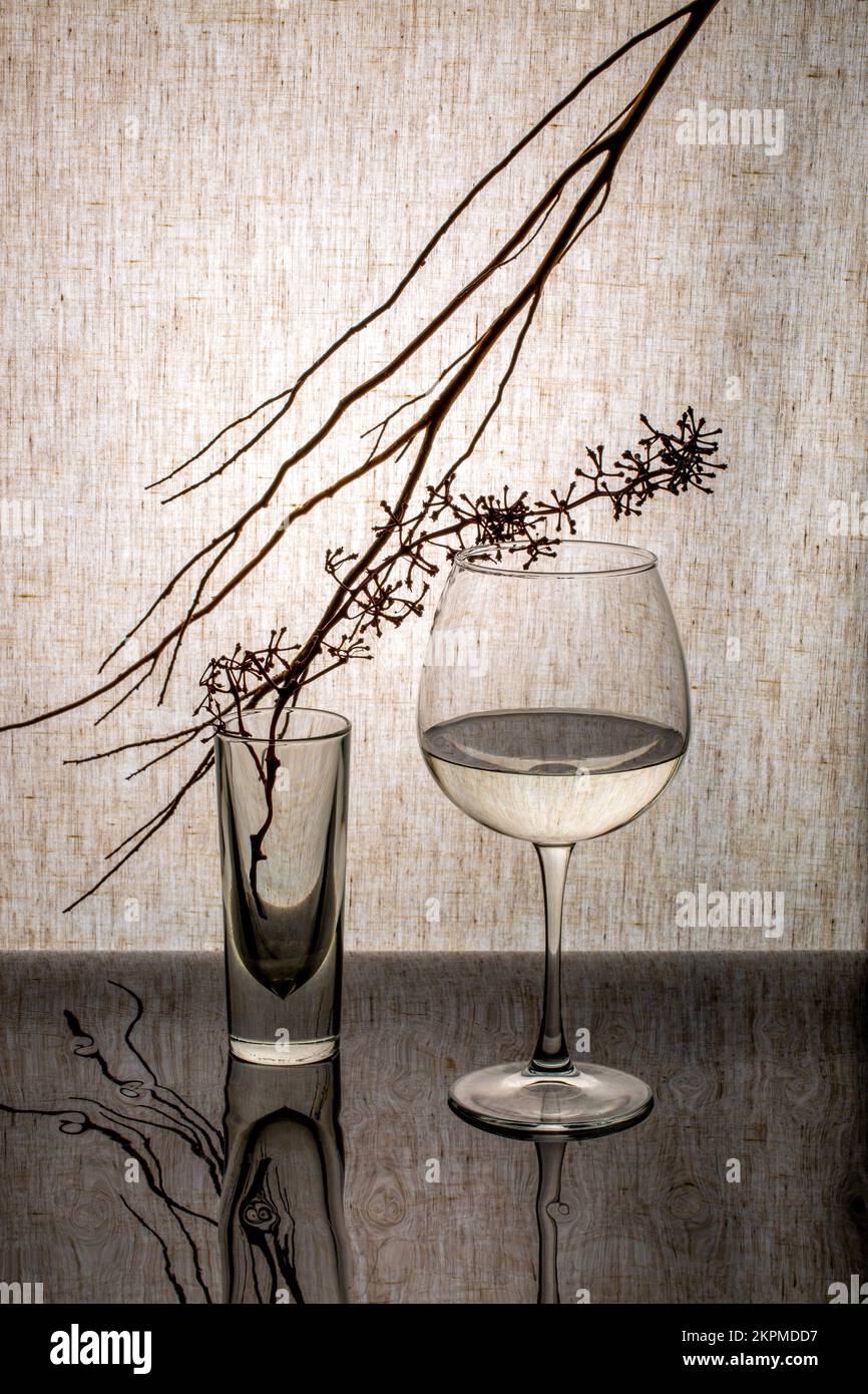 Still life with glass objects and a branch Stock Photo - Alamy