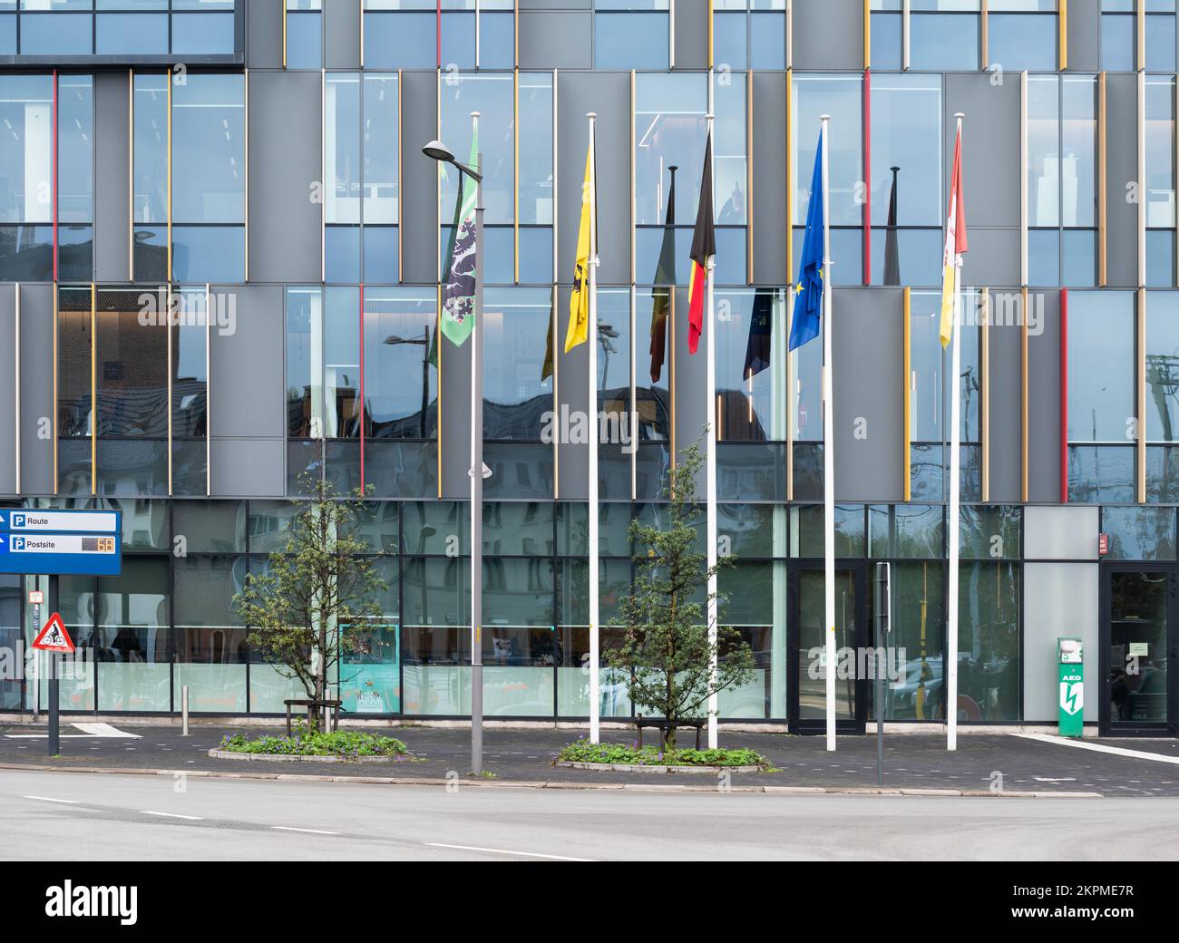 Aalst, Flemish Brabant, Belgium - 11 02 2022 - Facade and flags of the ...