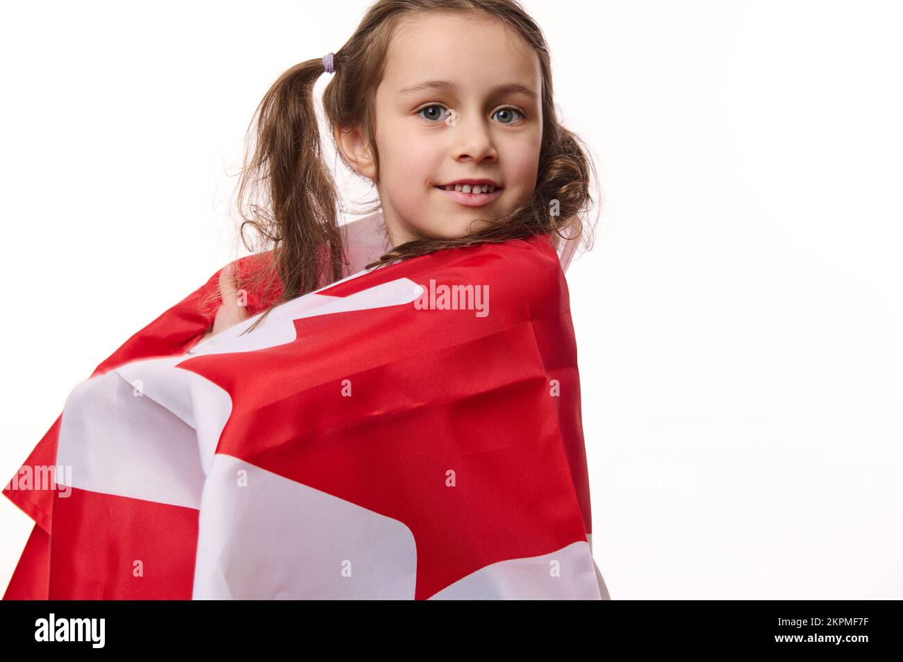 Little Canadian citizen, lovely baby girl wrapping flag of Canada ...