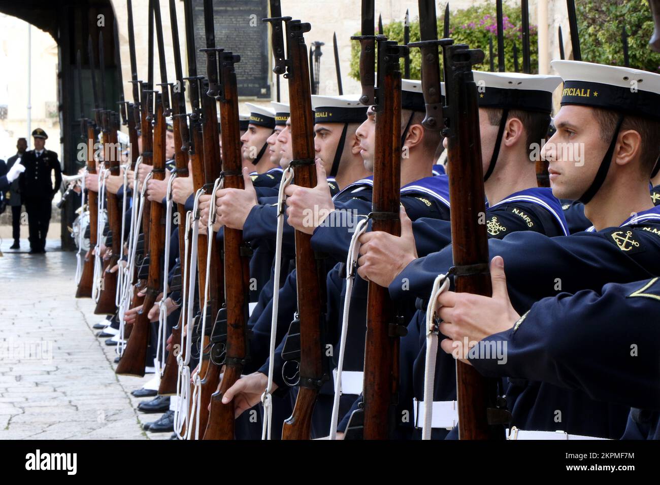 Petty officers of the Italian Navy lined up with musket. Taranto ...