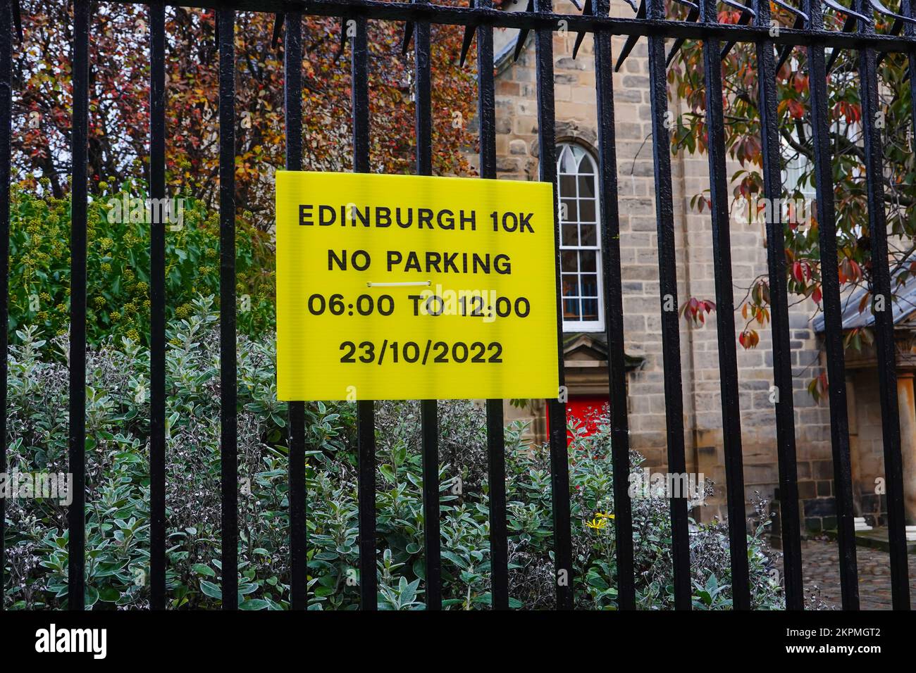 No Parking sign on Canongate Kirk fence before the 10K run on the Royal ...