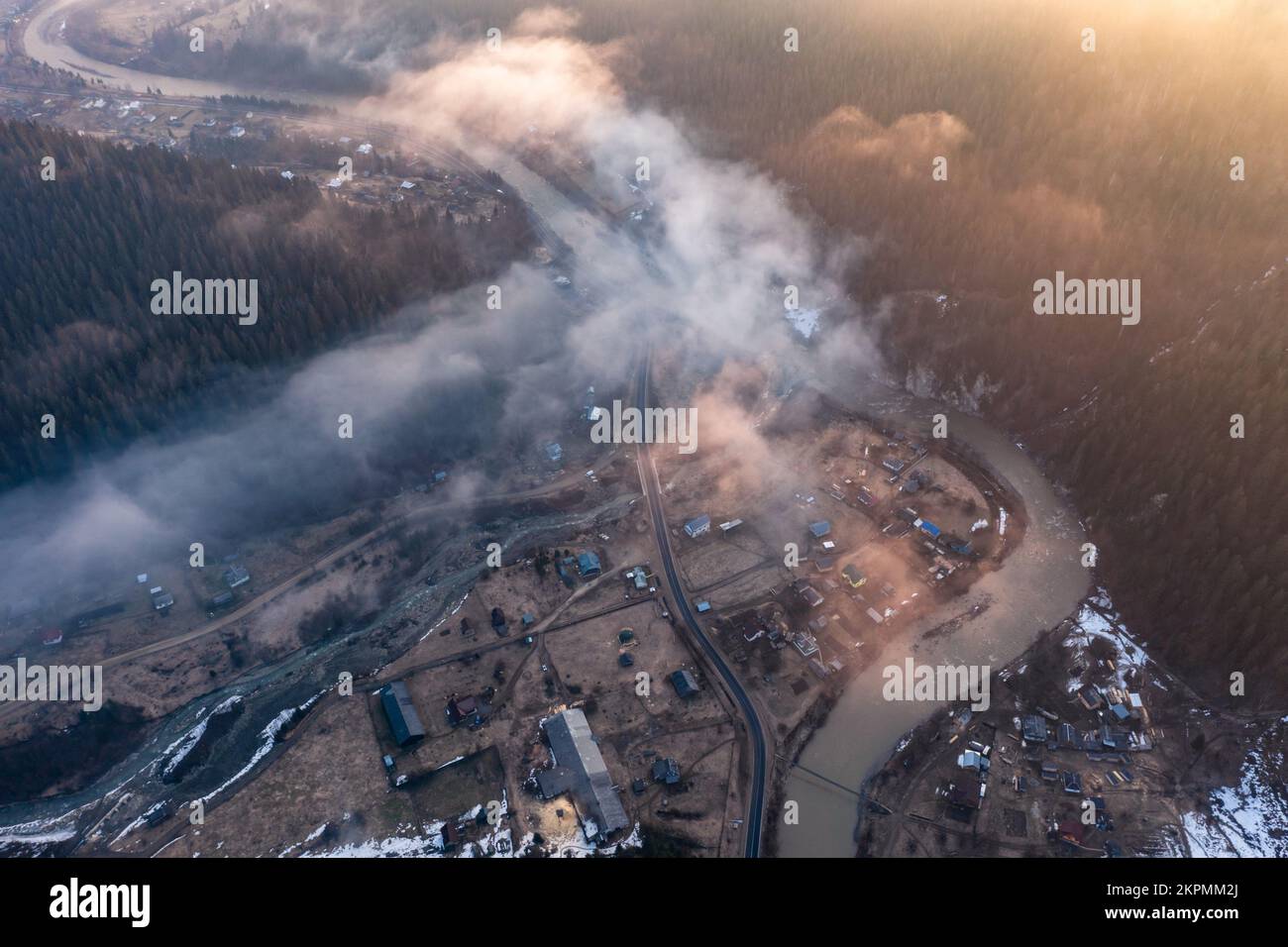 Top view of a mountain village of Ukraine in winter, a wide mountain ...