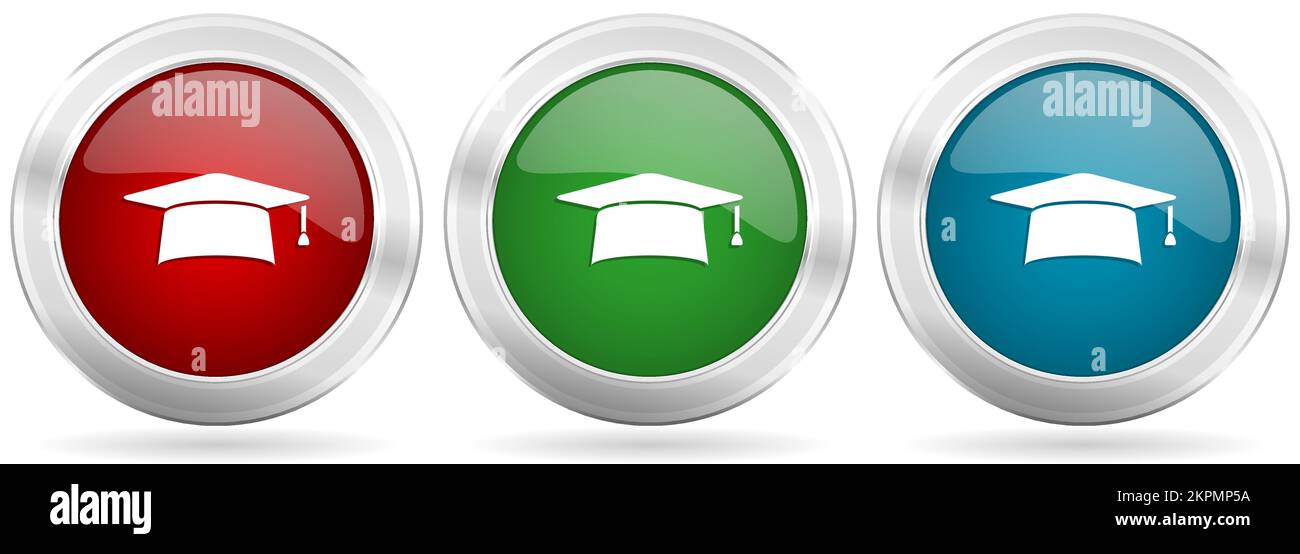 Graduation, cap, education vector icon set. Red, blue and green silver ...