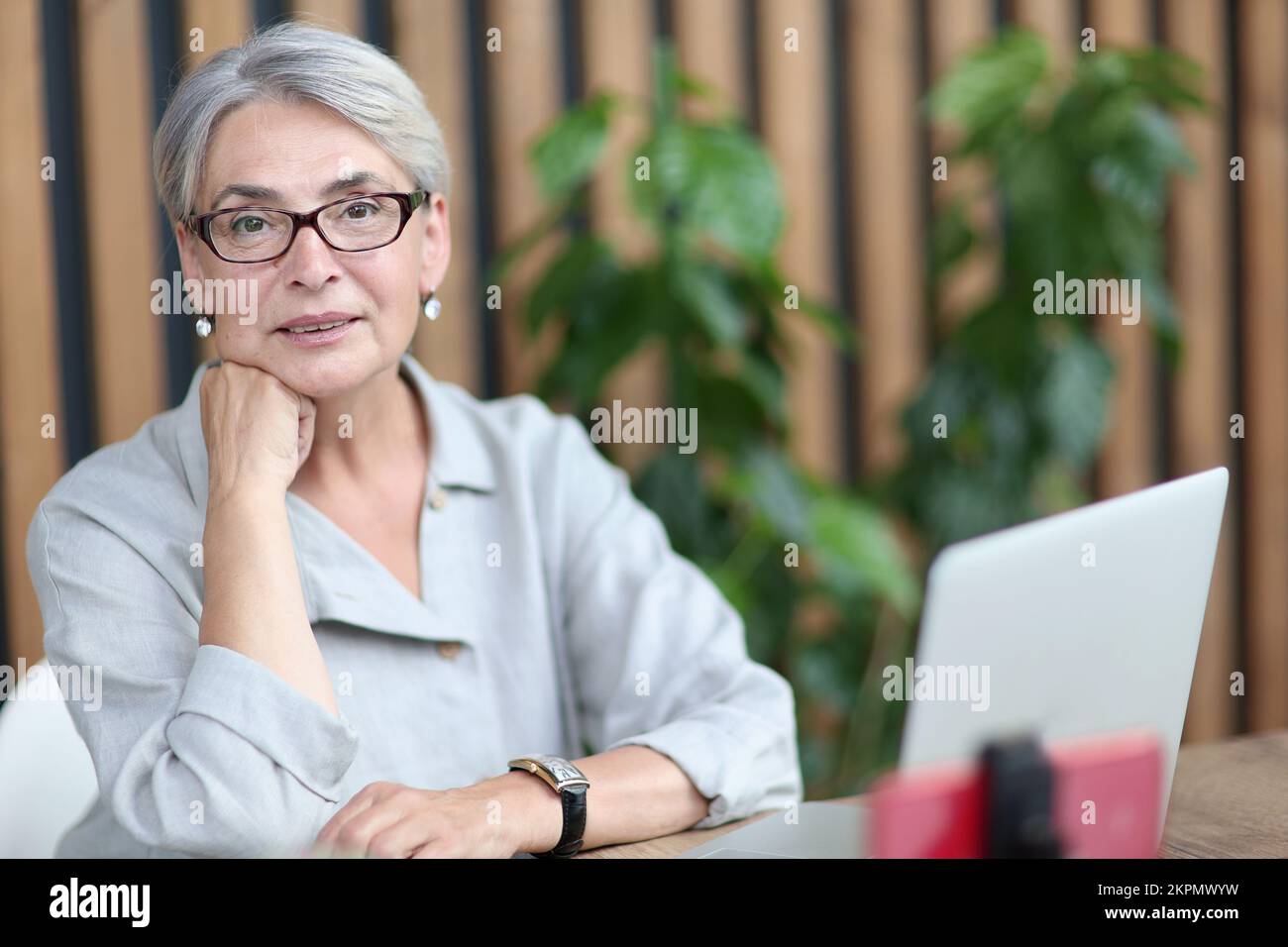 Smiling 60-year-old business lady using a computer Stock Photo - Alamy