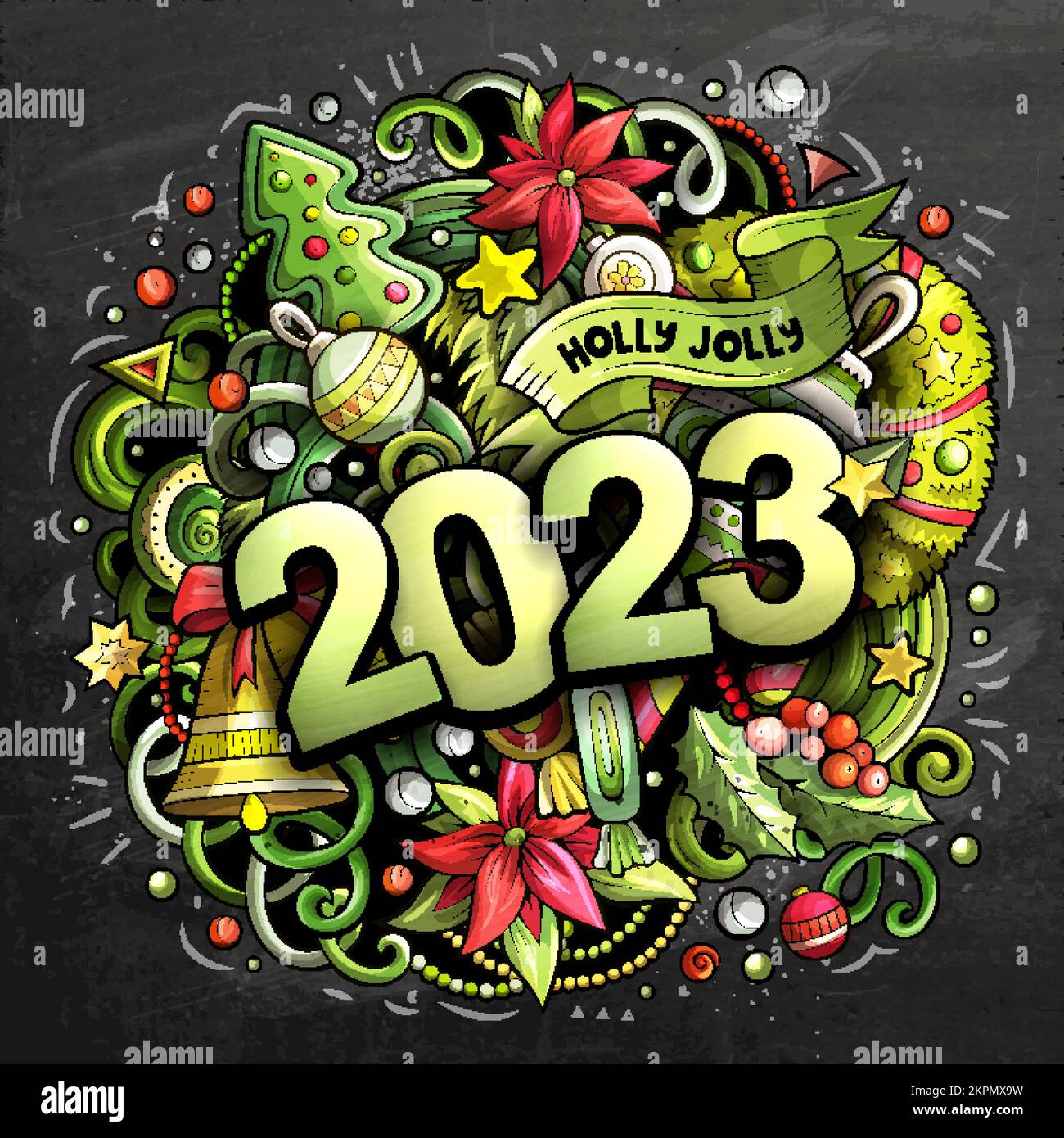 2023 doodles illustration. New Year objects and elements poster Stock ...