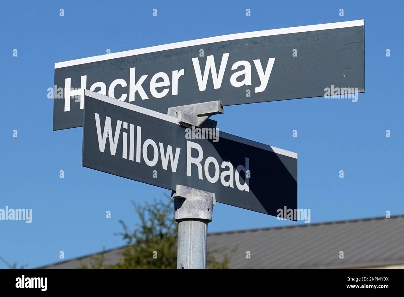 Hacker Way and Willow Road street signs at the Meta Platforms ...