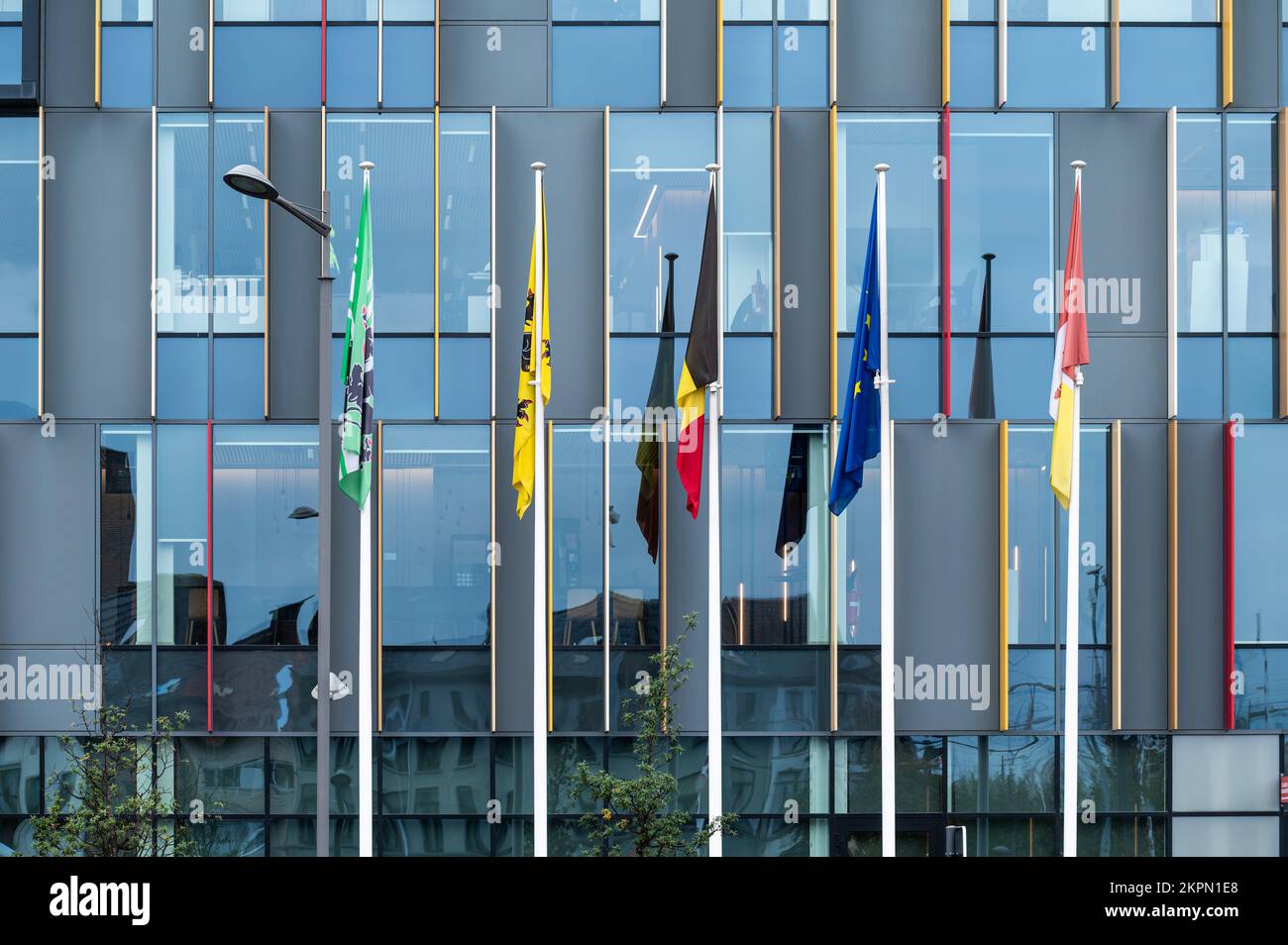 Aalst, Flemish Brabant, Belgium - 11 02 2022 - Facade and flags of the ...