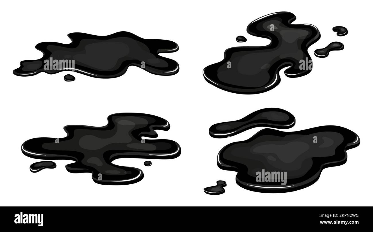 Set of Spill of black oil puddle industry. Stain ink drop of petrol ...