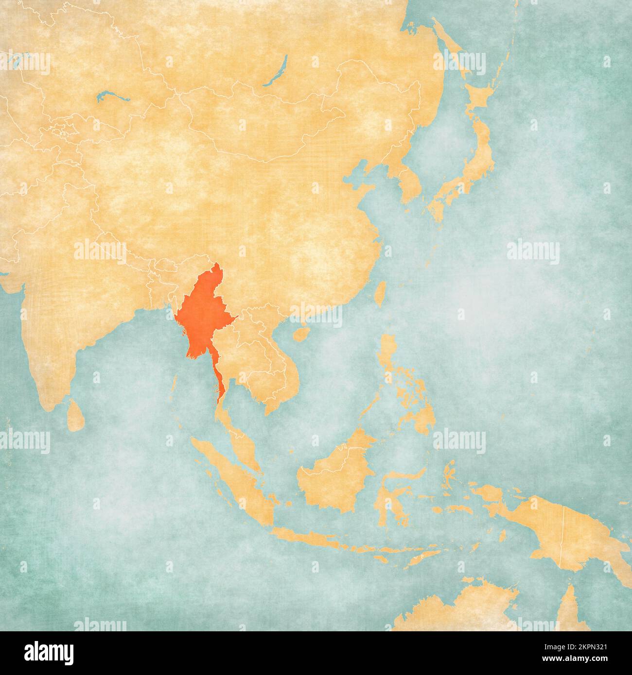 Myanmar on the map of East and Southeast Asia in soft grunge and ...