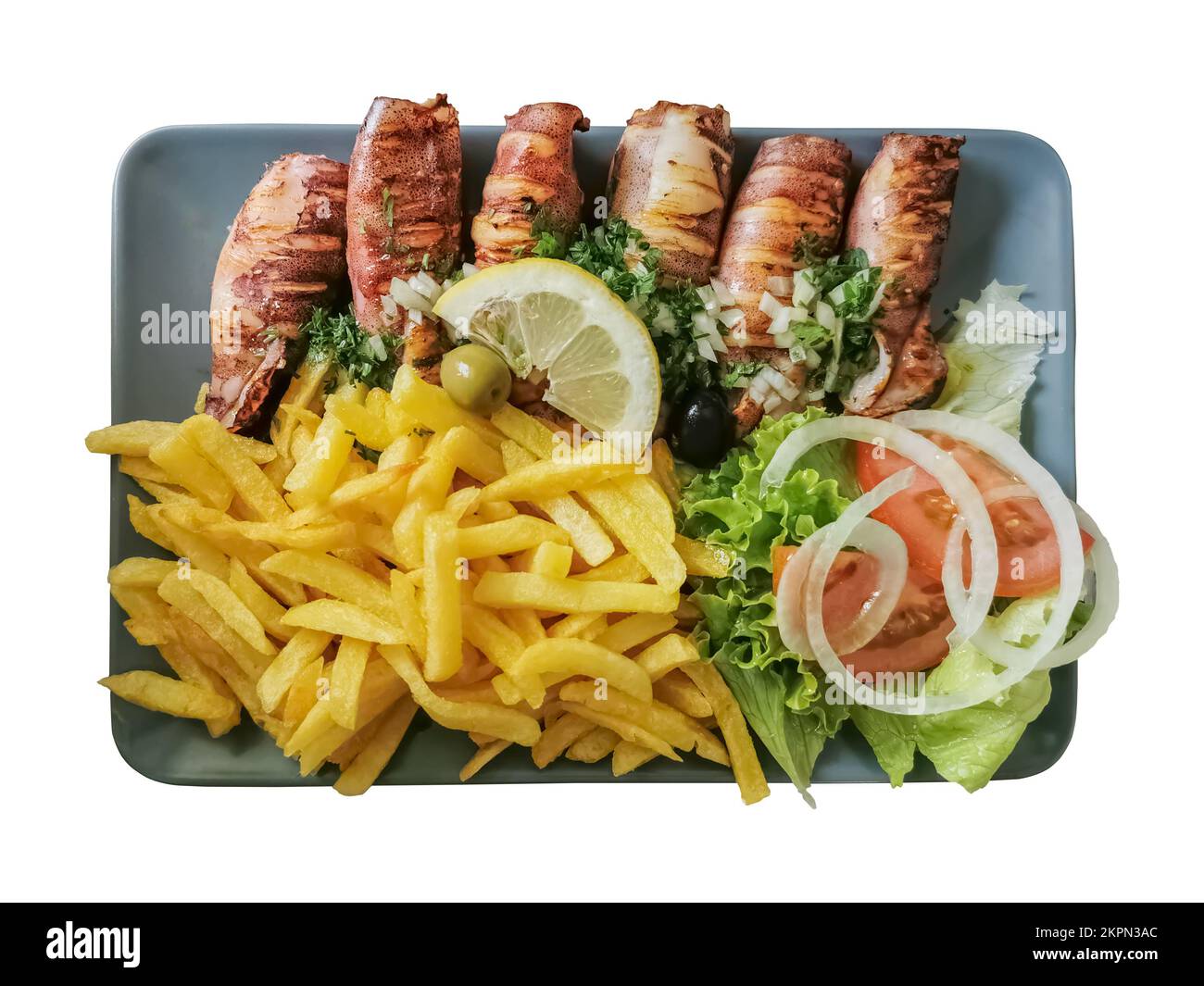 View of plated food, Healthy grilled cuttlefish dish stuffed with ...