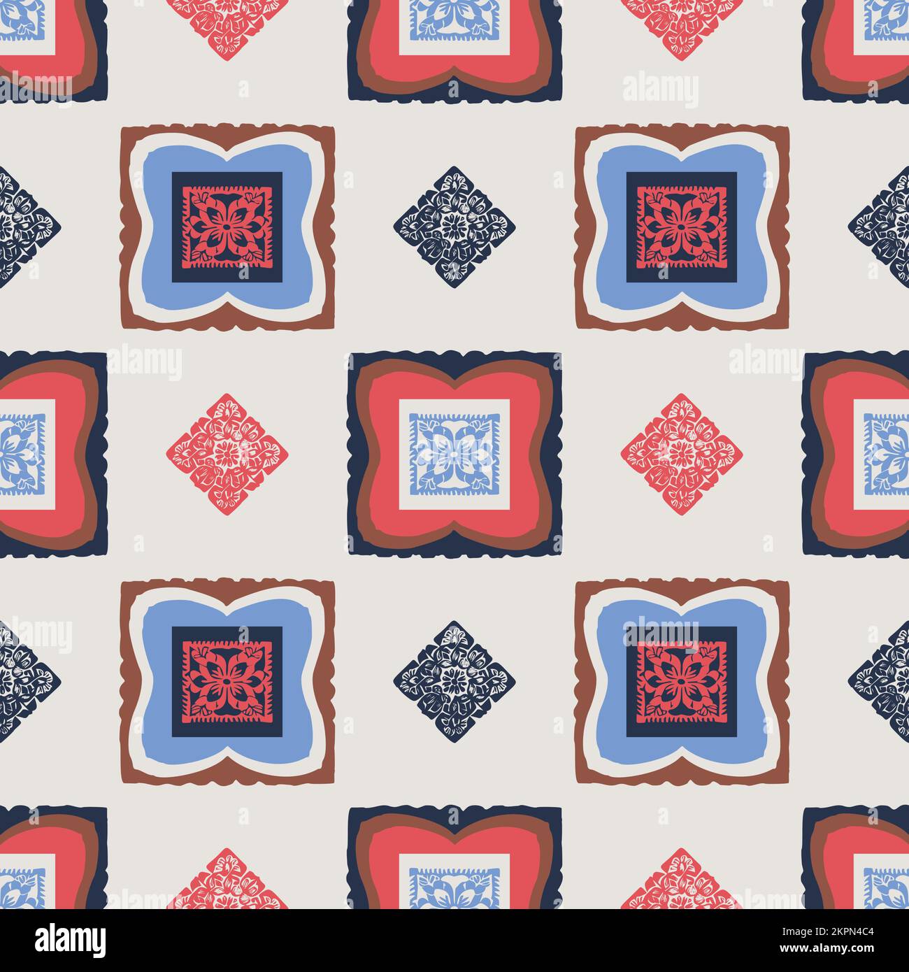 Hand drawn retro block print seamless pattern. Vector 80s vintage ...