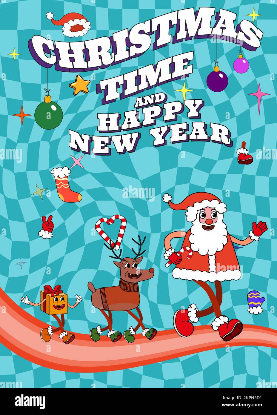 Groovy hippie Christmas poster. Santa Claus, Deer and Gift Box n trendy ...