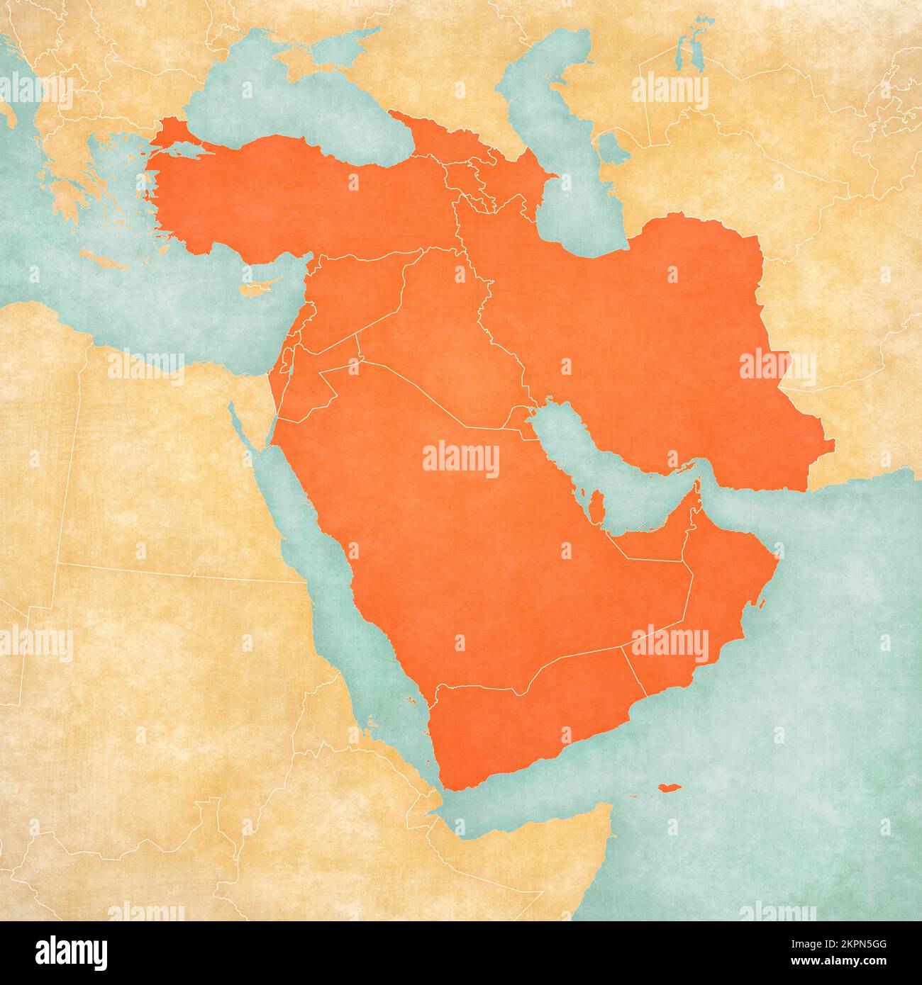 Countries of Western Asia on the map in soft grunge and vintage style ...
