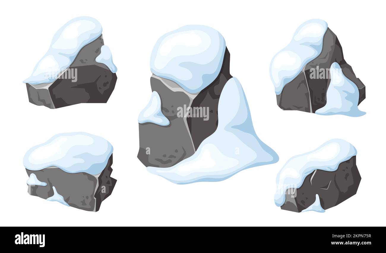 Set of stone and rock in snow. Snowy mountains in cartoon, heap of ...