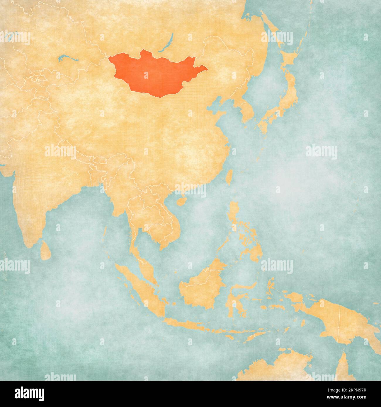 Mongolia on the map of East and Southeast Asia in soft grunge and ...