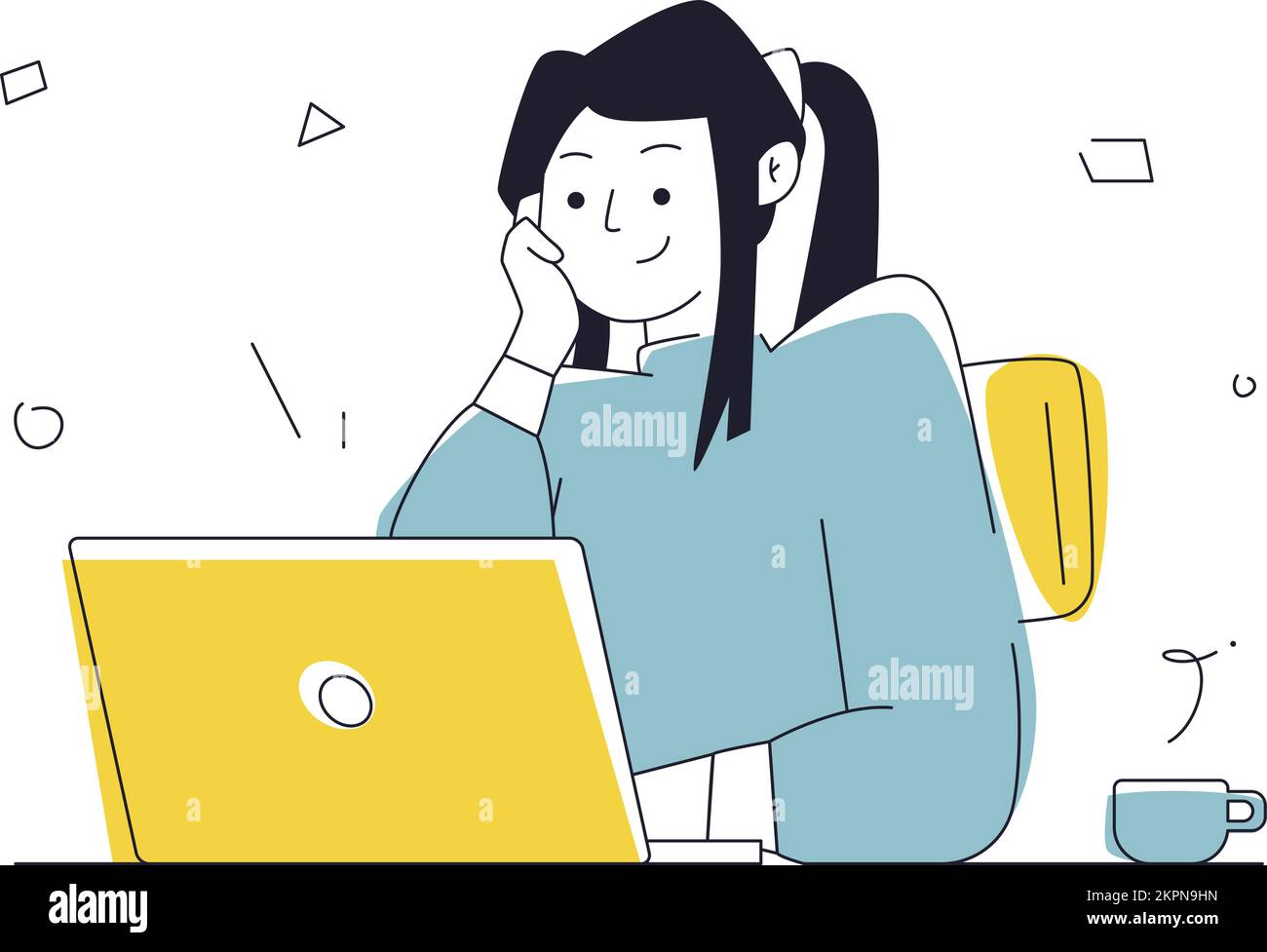 A vector illustration of a cute girl looking at her laptop's screen and ...