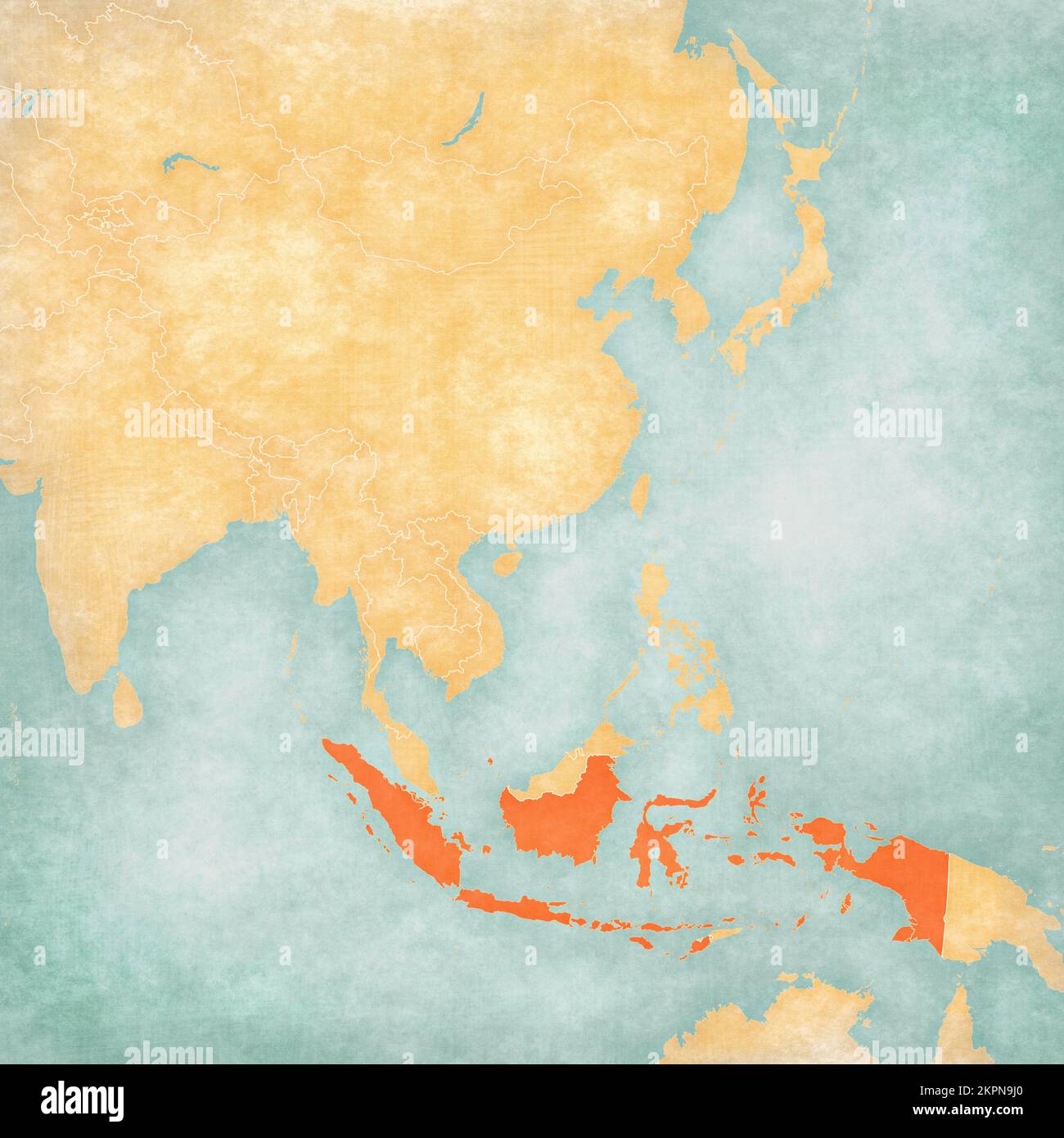 Indonesia on the map of East and Southeast Asia in soft grunge and ...