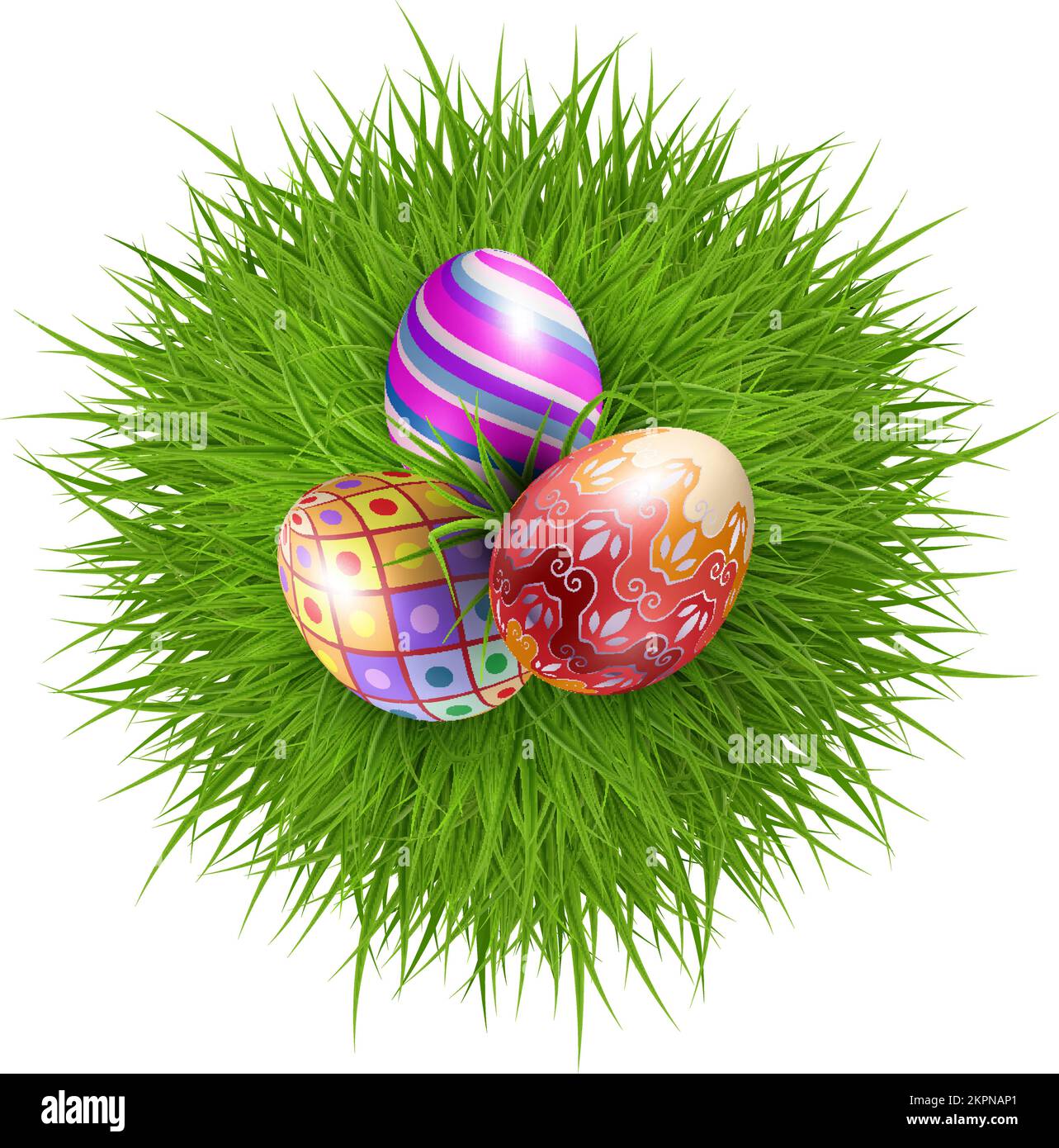 Three Brightly Colored Easter Eggs on a Round Patch of Green Grass Over ...