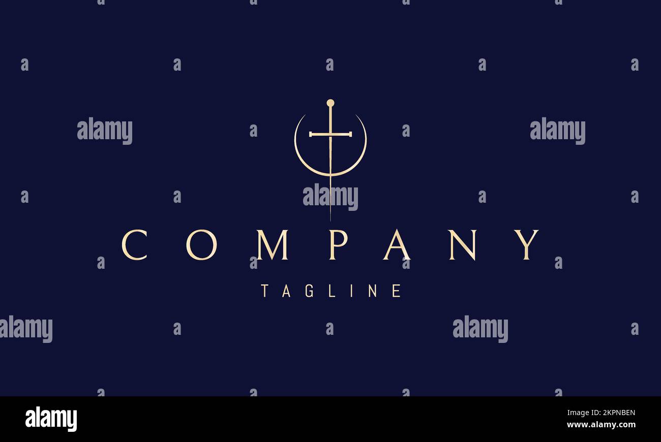 Vector golden logo on which an abstract image of the moon and a dagger ...