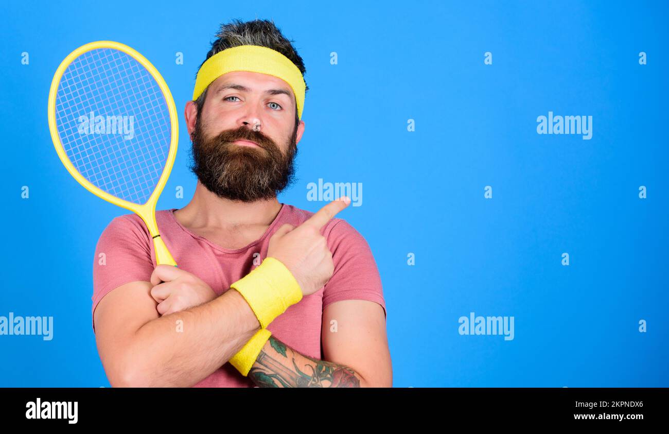 Tennis sport advertisement. Tennis club concept. Man bearded hipster ...