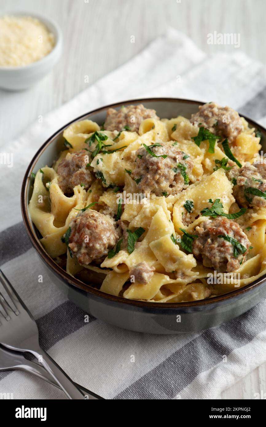 Homemade One-Pot Swedish Meatball Pasta in a Bowl, side view Stock ...