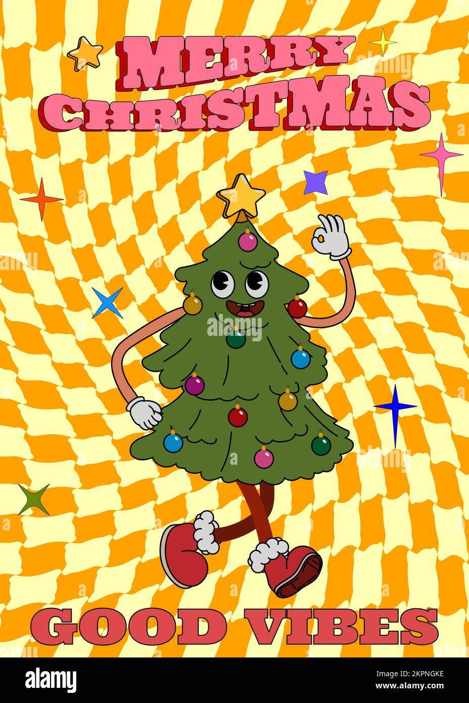 Groovy hippie Christmas poster. Christmas Tree in trendy retro cartoon ...