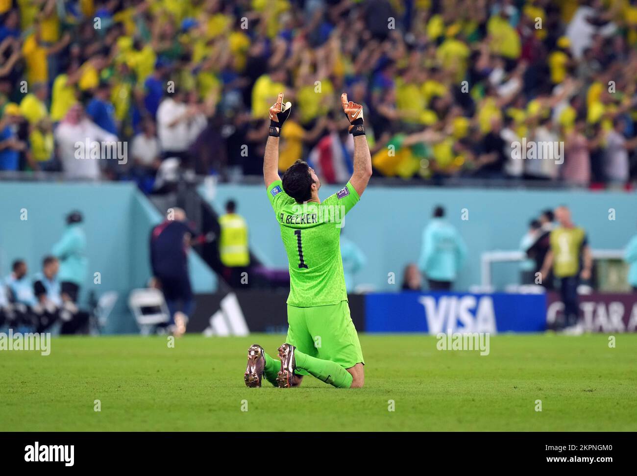 Brazil goalkeeper Alisson celebrates their side's first goal of the ...