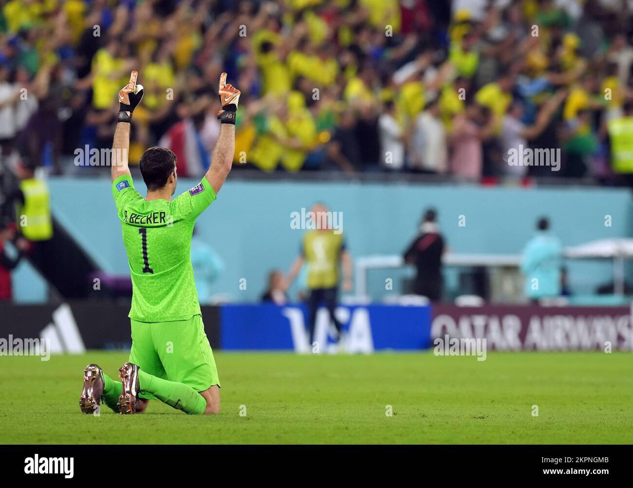 Brazil goalkeeper Alisson celebrates their side's first goal of the ...