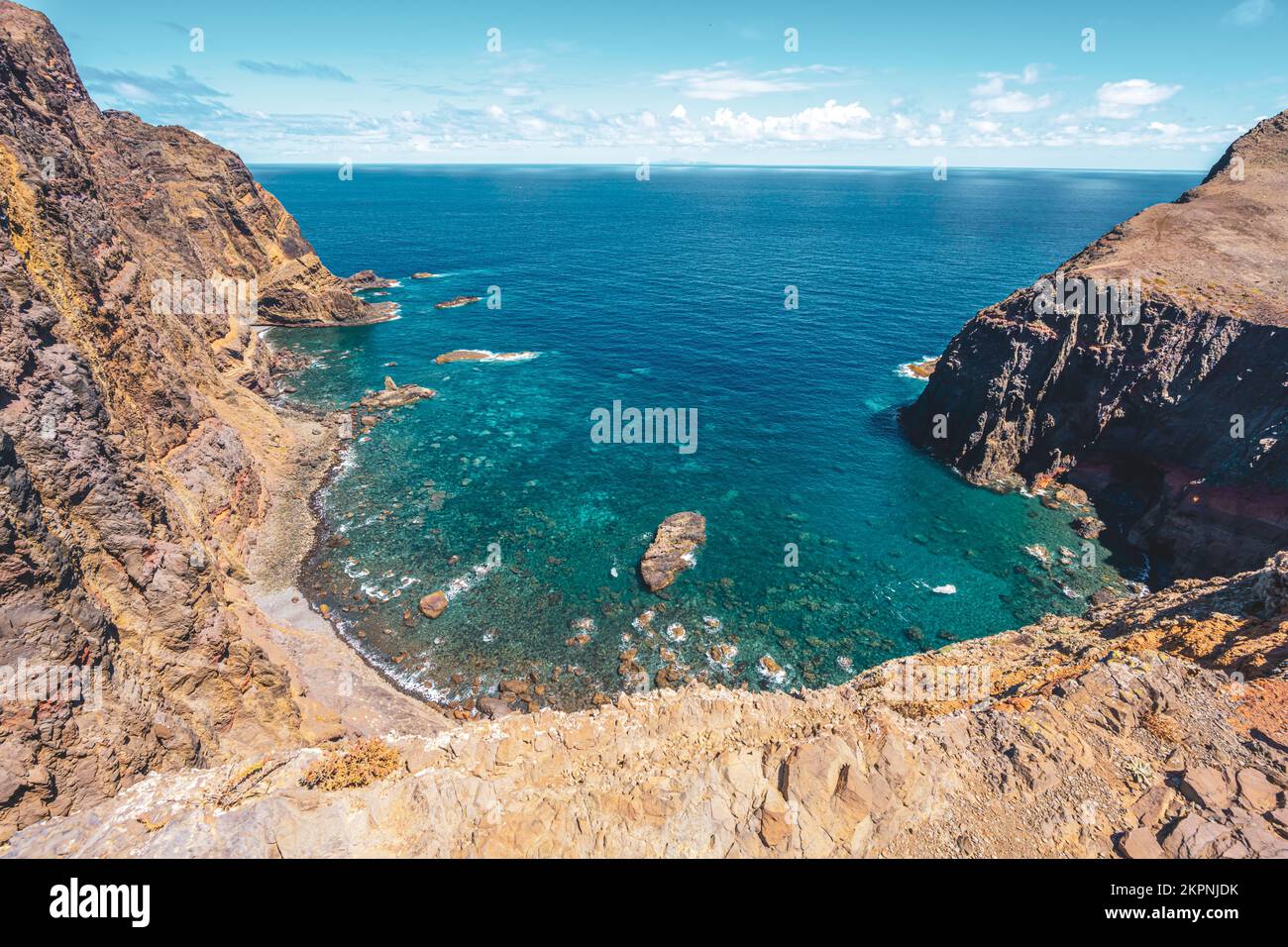 Description: View of a strait from a steep cliff. São Lourenço, Madeira ...