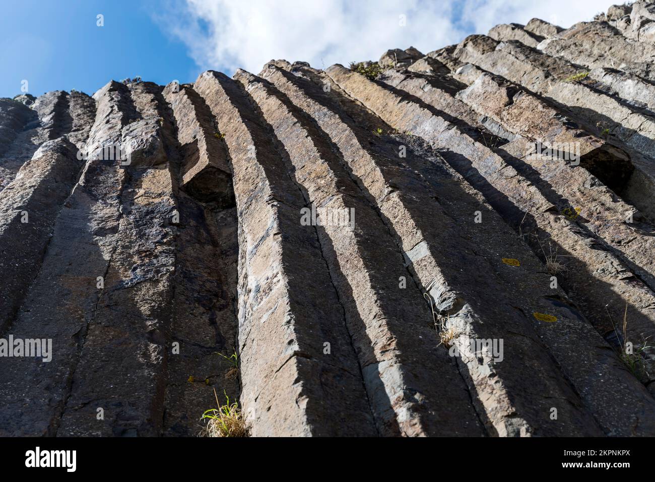 detail of sharp edges at columnar jointed basalt formation, shot in ...
