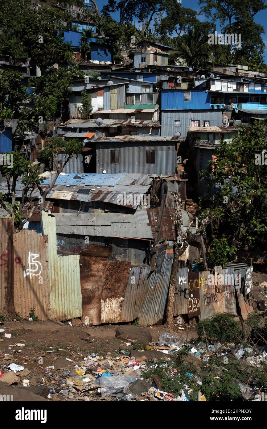 Part of the Kawéni slum, the largest slum in France. Violent clashes ...