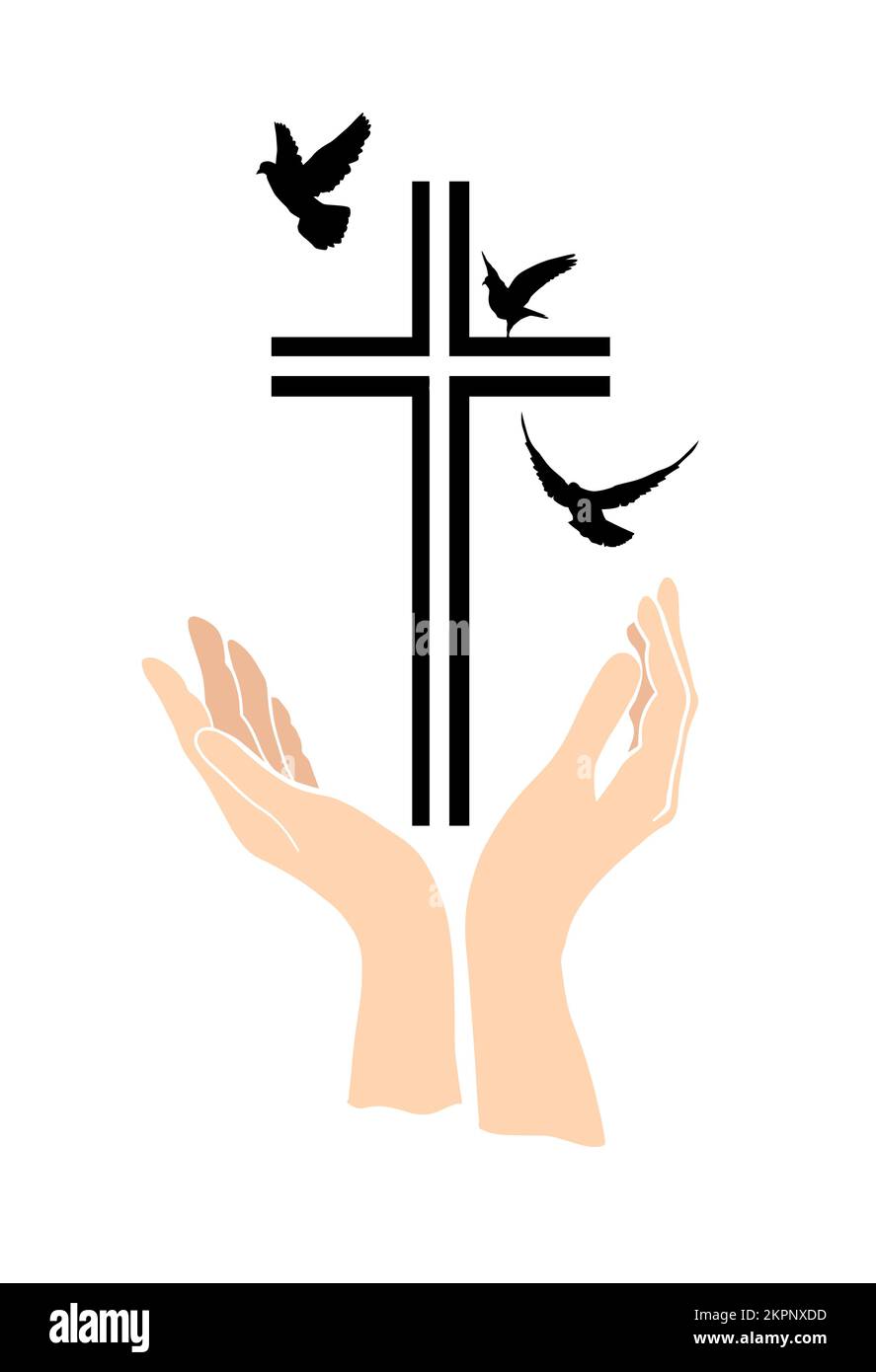 religious cross in hand. Flying birds of the world. Vector illustration ...