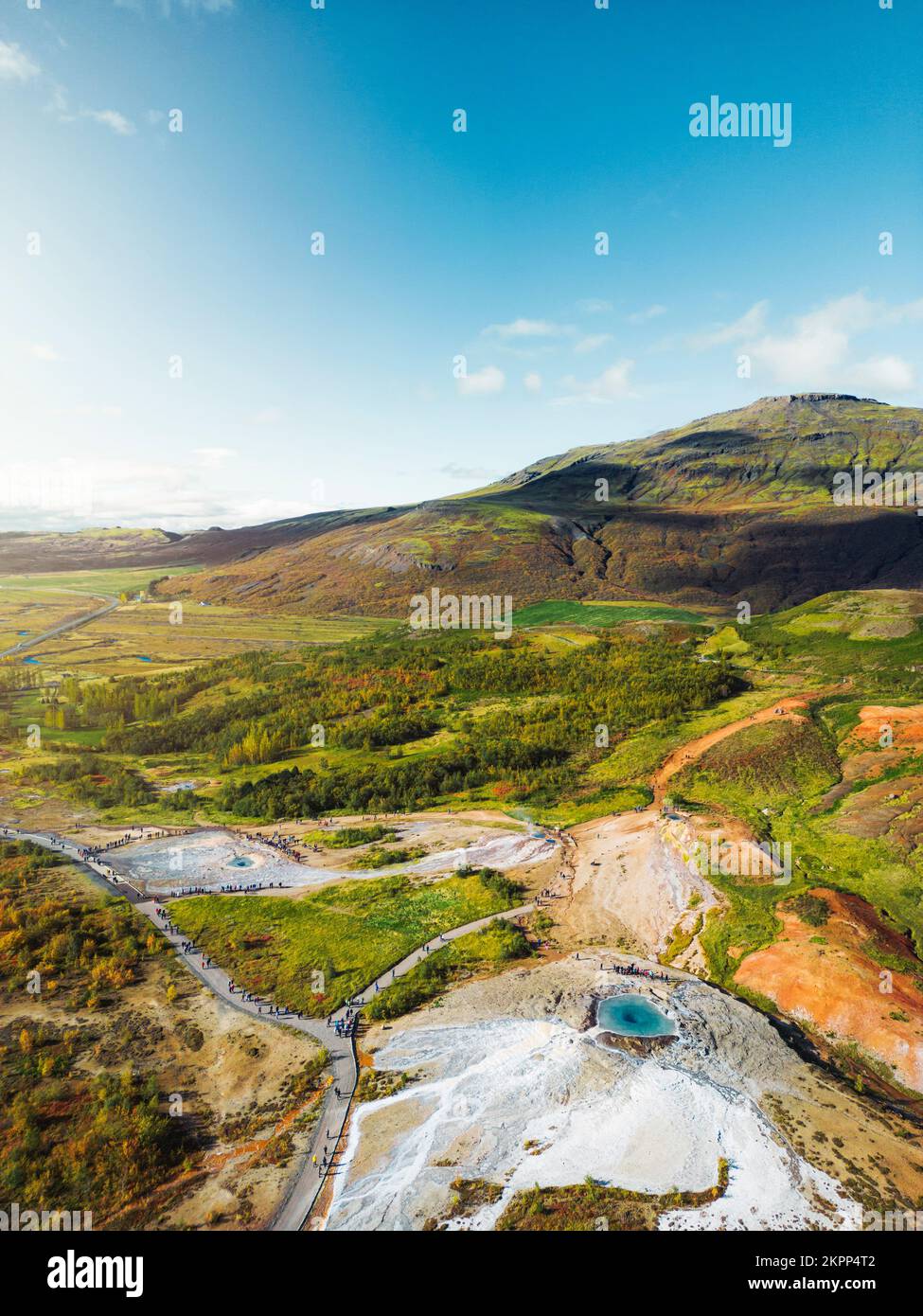 Tourist exploring area of Great geyser in Iceland - Vertical aerial ...
