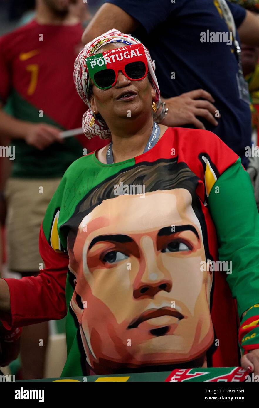 A Portugal fan wearing a Cristiano Ronaldo top in the stands before the ...