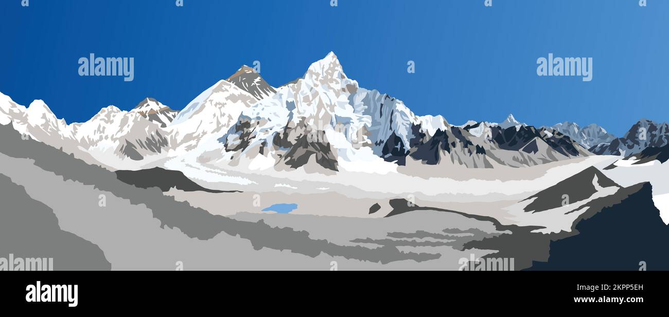 mount Everest and Nuptse from Nepal side as seen from Kala Patthar peak, vector illustration, Mt ...