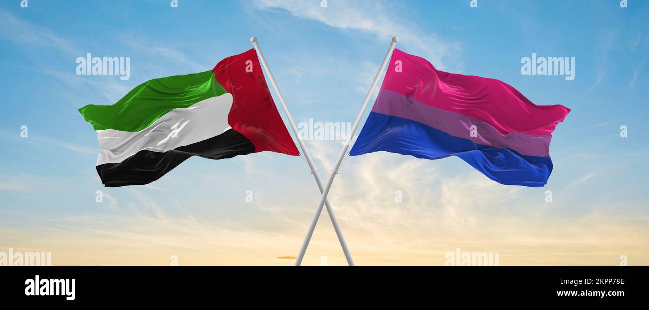 two crossed flags isexuality Pride and United Arab Emirates waving in ...