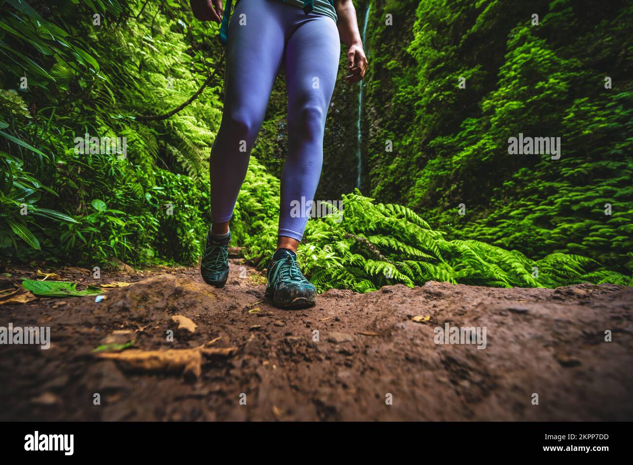 Description: Legs of athletic woman walking by amazing jungle waterfall ...