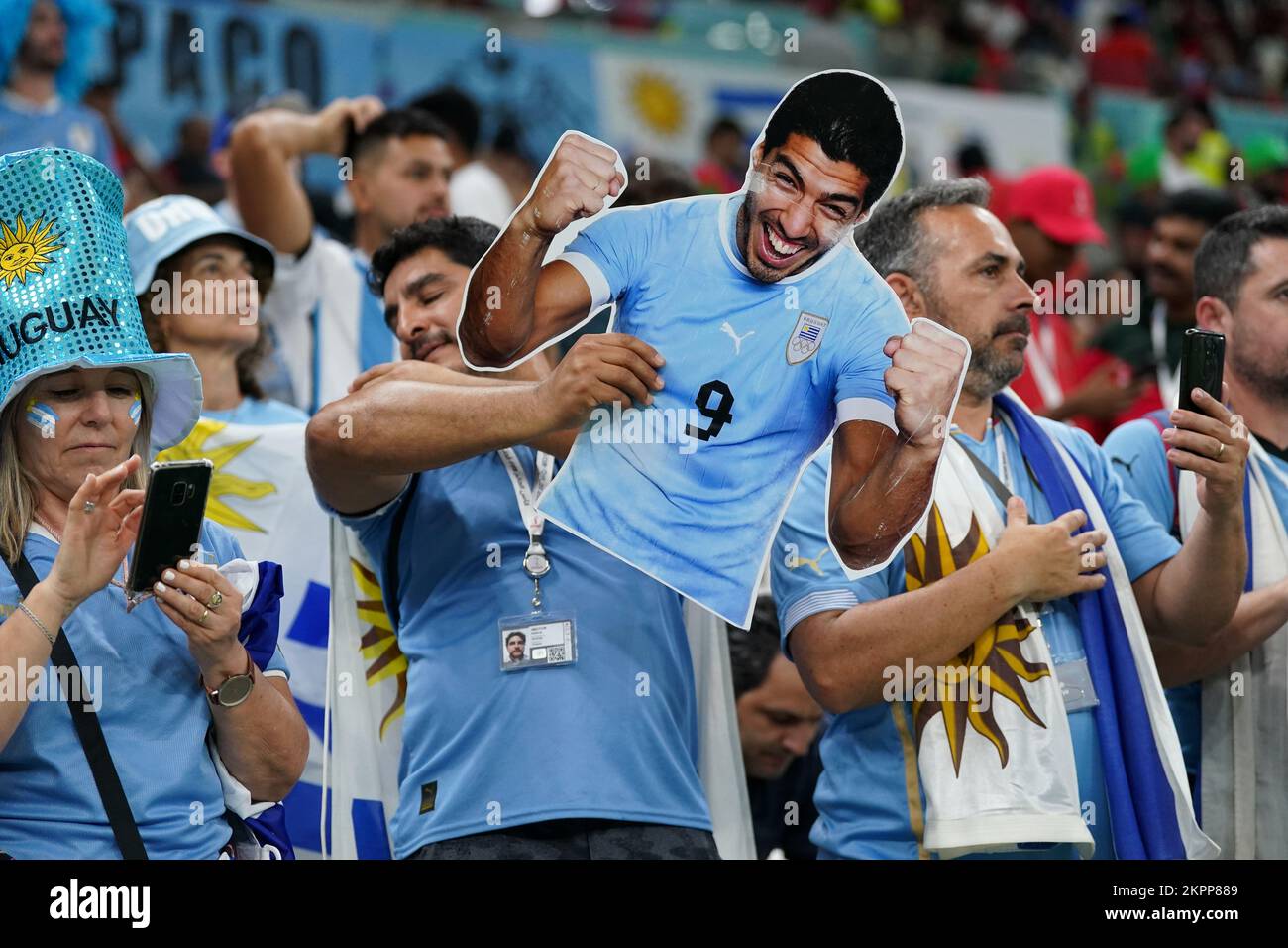 Uruguay fan with a cut-out of Luis Suarez in the stands before the FIFA ...