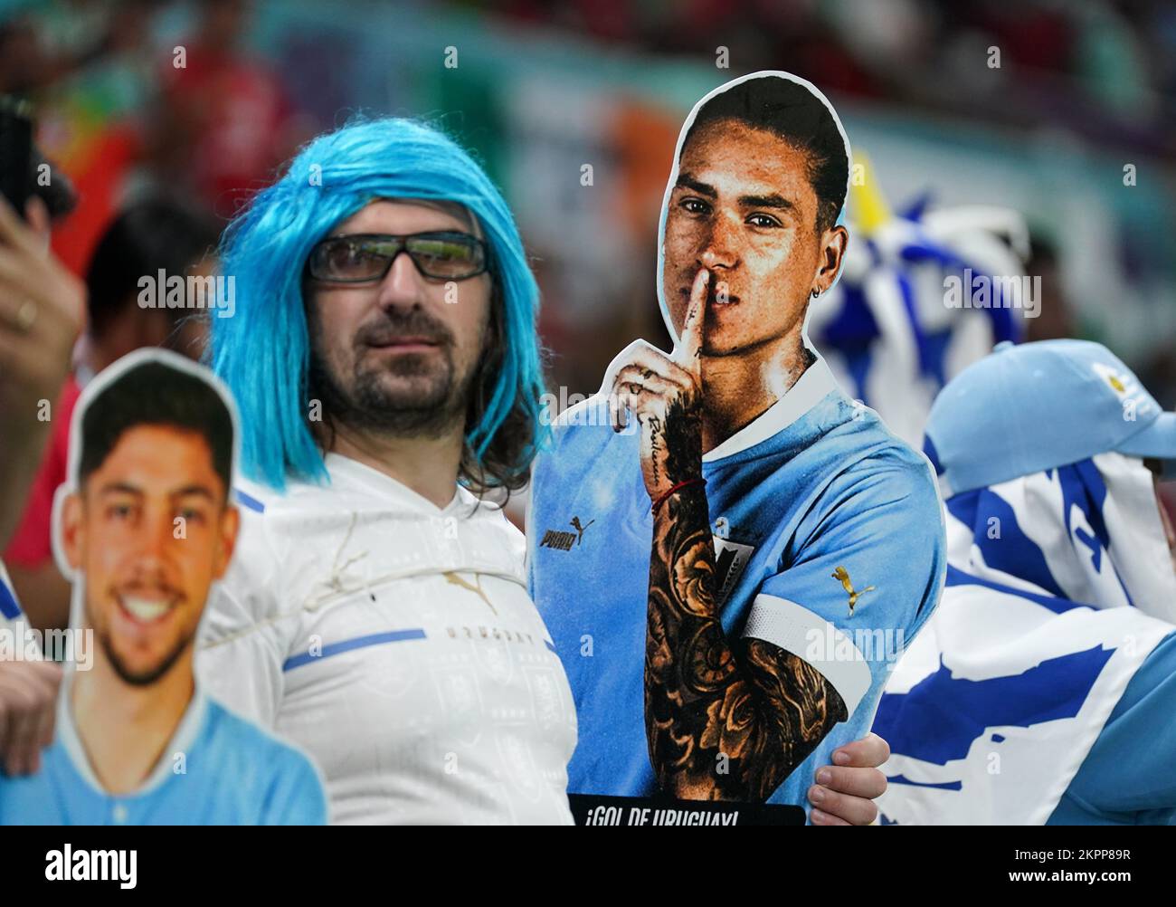 Uruguay fan with a cut-out of Darwin Nunez in the stands before the ...