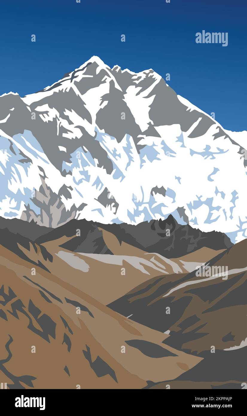 Mount Lhotse south rock face, vector illustration, Khumbu valley, Everest area, Nepal himalayas ...