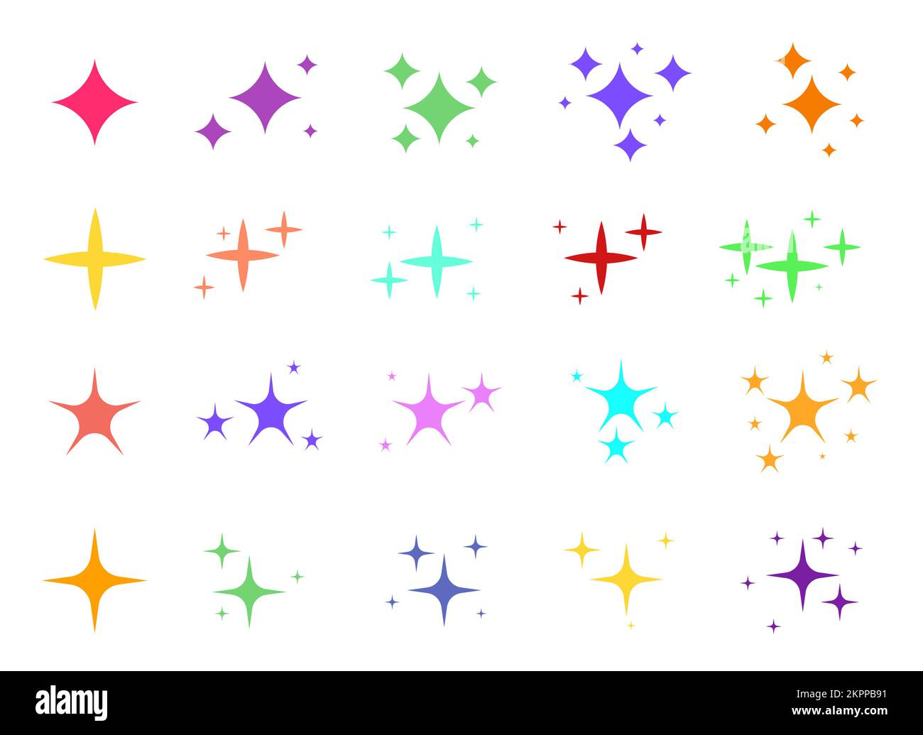 Sparkles stars icon set. Different shapes of bright firework shiny sparkle, magic twinkle, sun ...