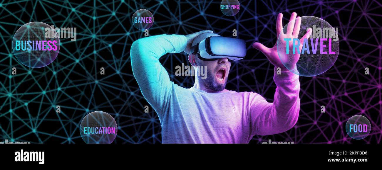 Web banner of metaverse. Portrait of amazement bald and bearded man in ...