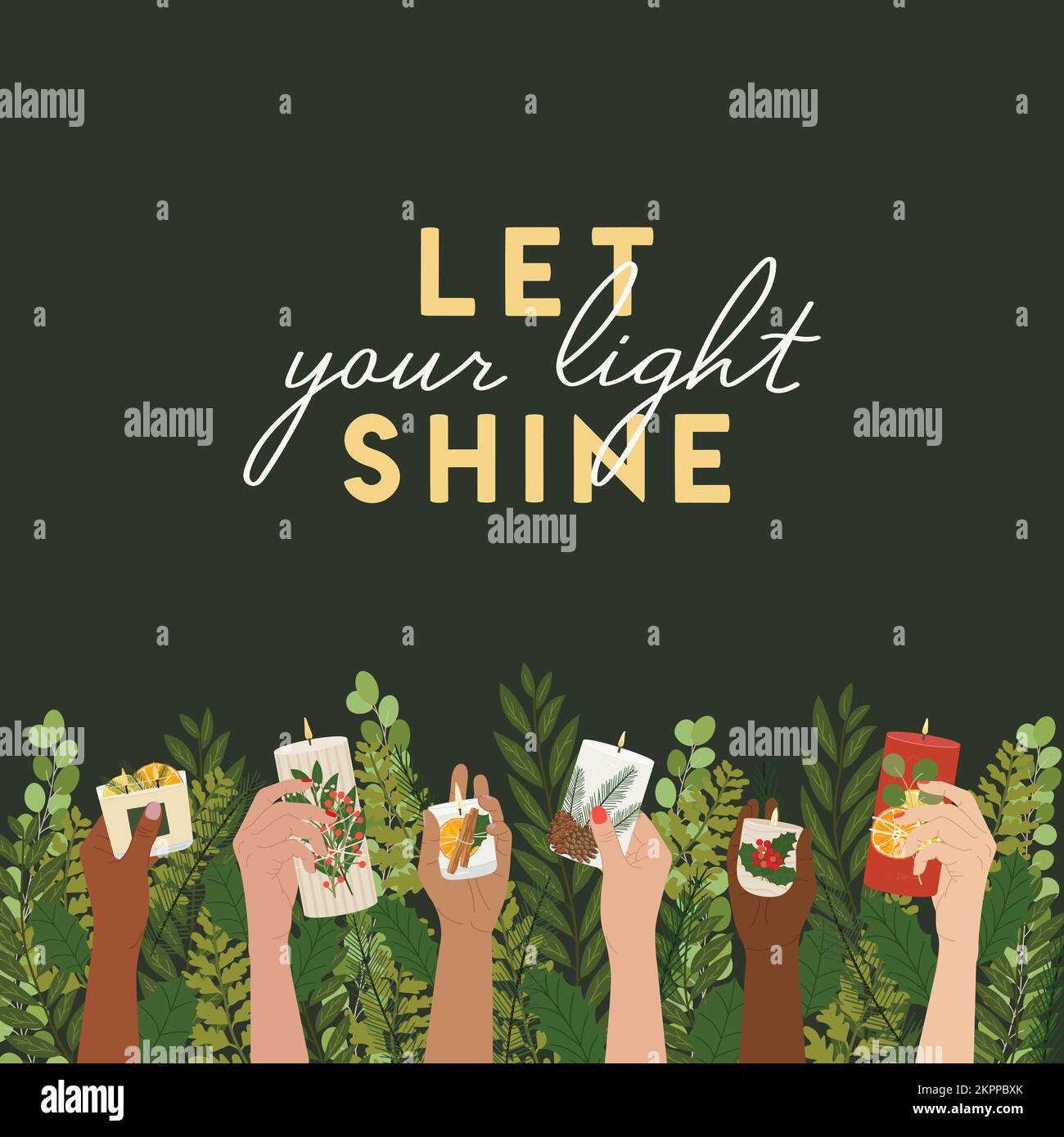 Merry Christmas greeting card with female hands with scented candles on winter greenery ...