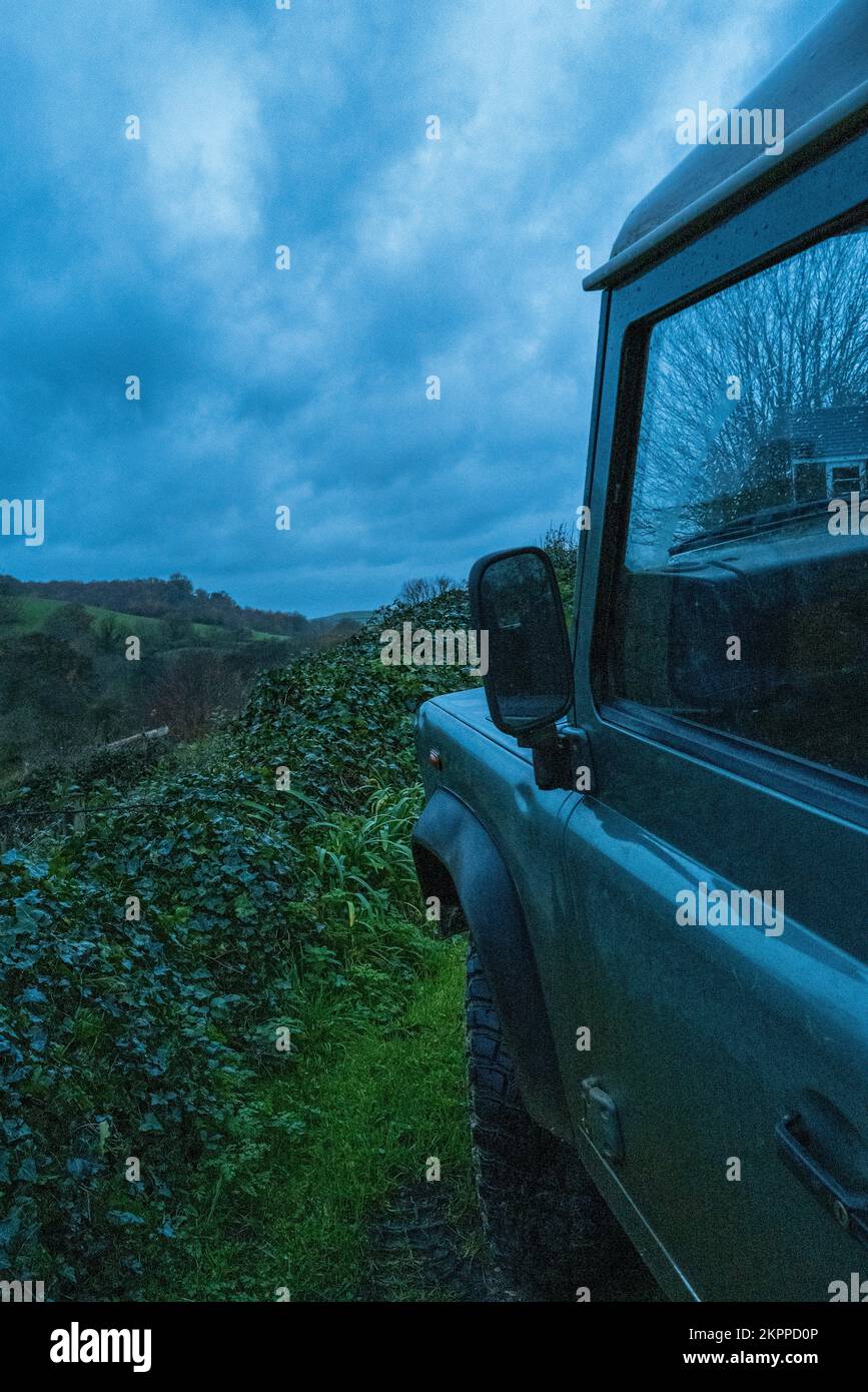 Rural view of Dorset countryside from an old Land Rover Defender on a ...