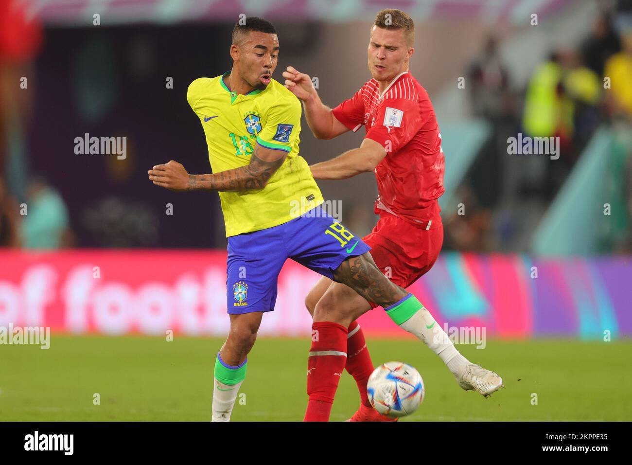 Doha, Qatar. 28th Nov, 2022. Gabriel Jesus of Brazil and Nico Elvedi of ...